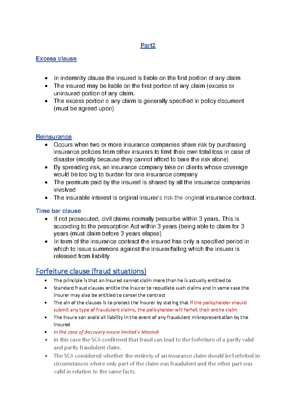 insurance clauses - Part Excess clause In indemnity clause the insured ...
