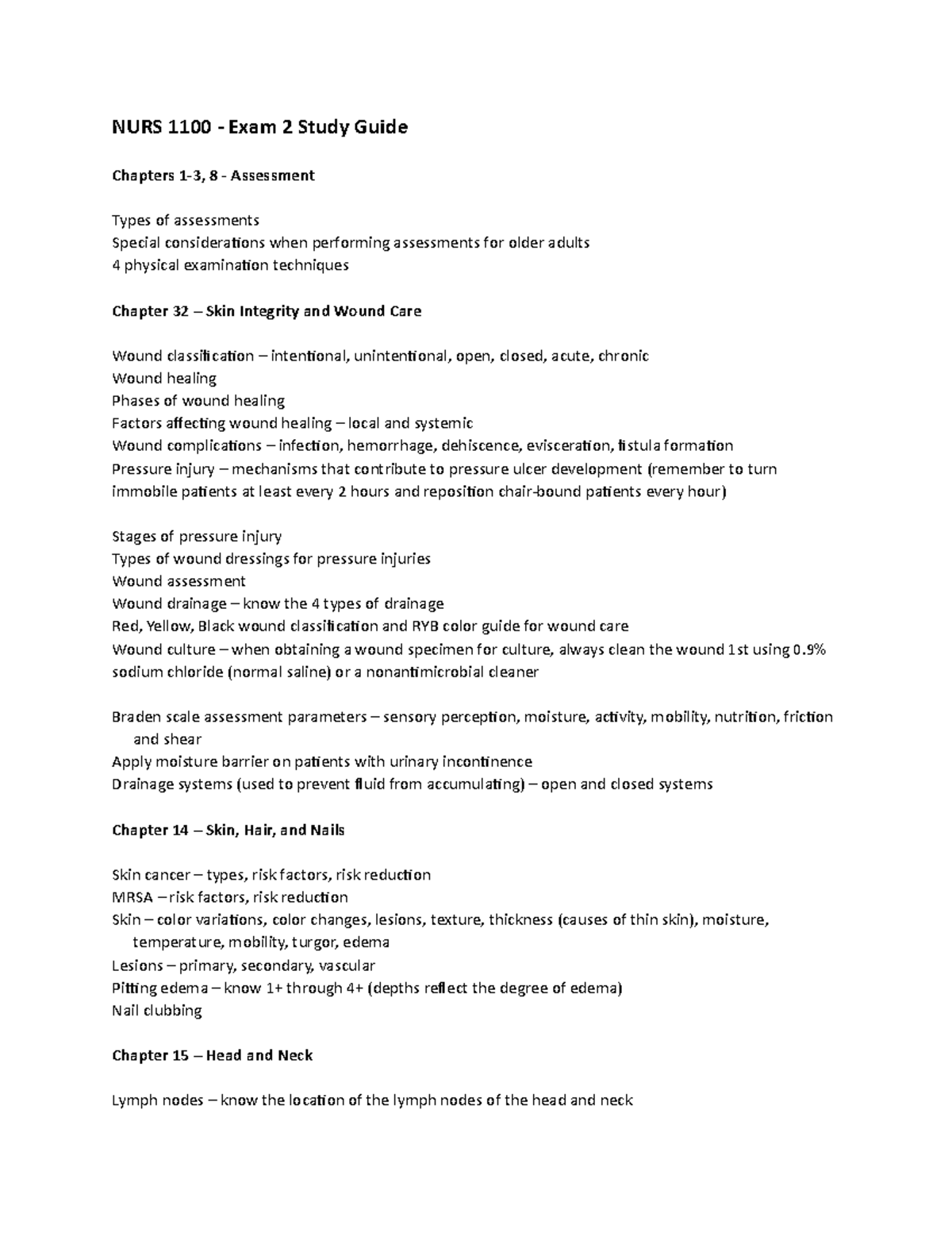 Exam 2 study guide-2 - NURS 1100 - Exam 2 Study Guide Chapters 1-3, 8 ...