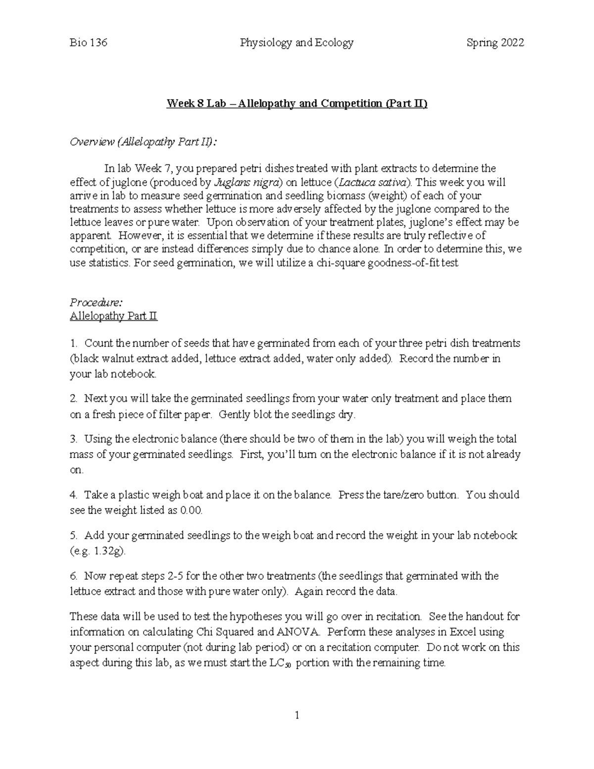 Allelopathy Part 2 Lab Instructions - Bio 136 Physiology and Ecology ...