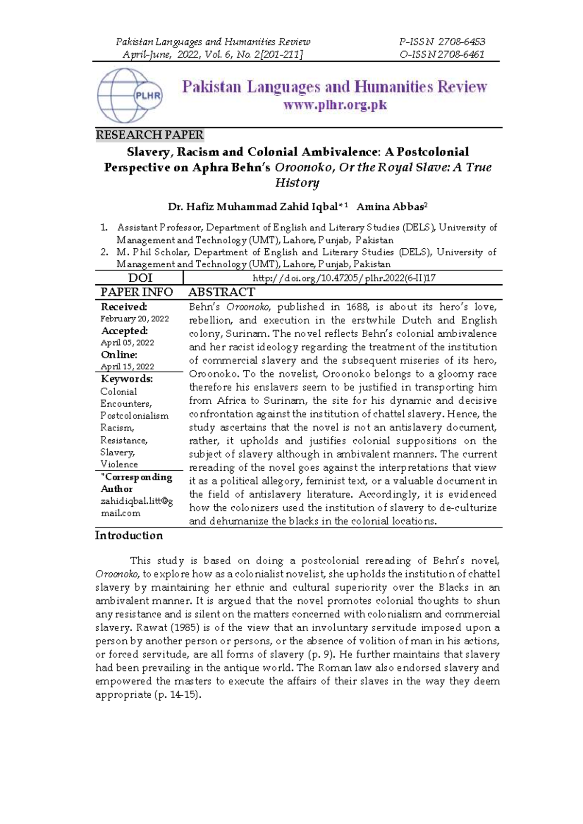 Theme of Slavery in Oroonoko by Aphra Behn. - Pakistan Languages and ...