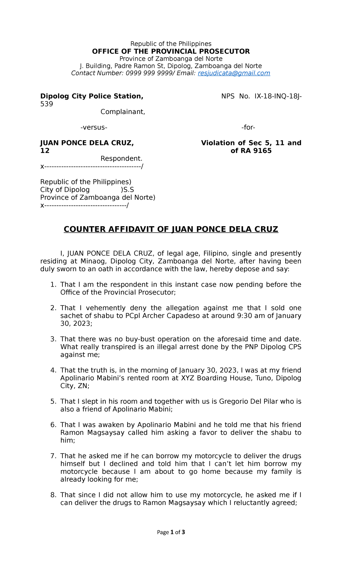 Counter Affidavit - no comment - Republic of the Philippines OFFICE OF ...