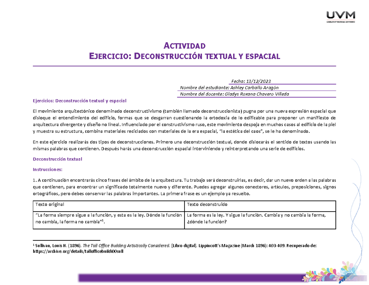 ACT15 Historia - ACTIVIDAD EJERCICIO: DECONSTRUCCIÓN TEXTUAL Y ESPACIAL Fecha: 13 / 12 / 2023 ...