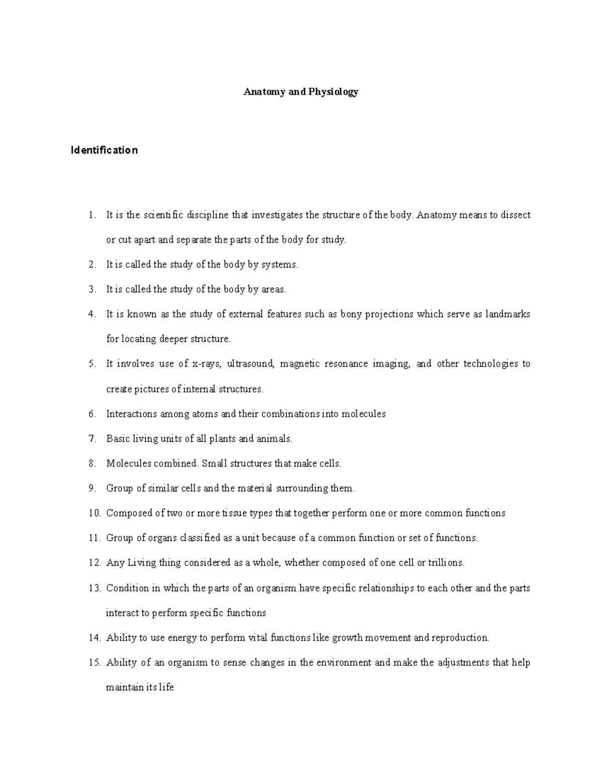 Anatomy And Physiology Exam 1 Anatomy And Physiology Identification 