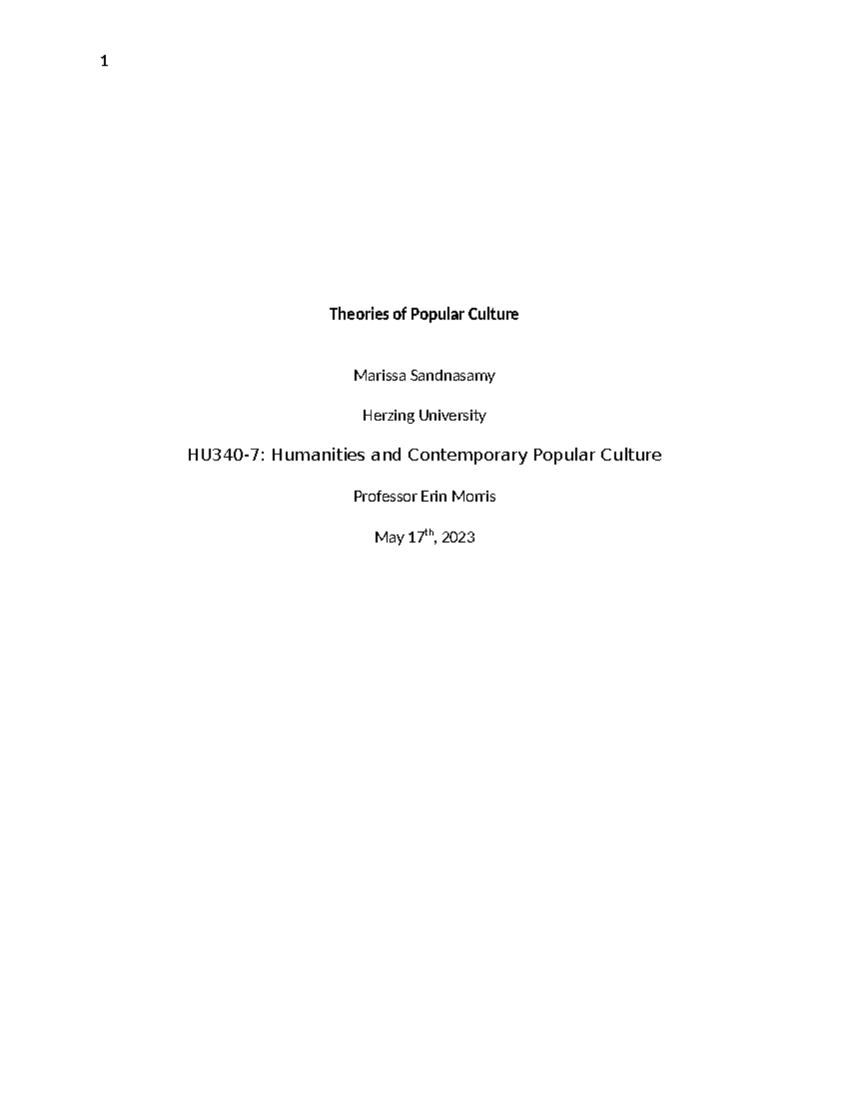 Theories of Popular Culture- HU340 Humanities and Contemporary Popular ...
