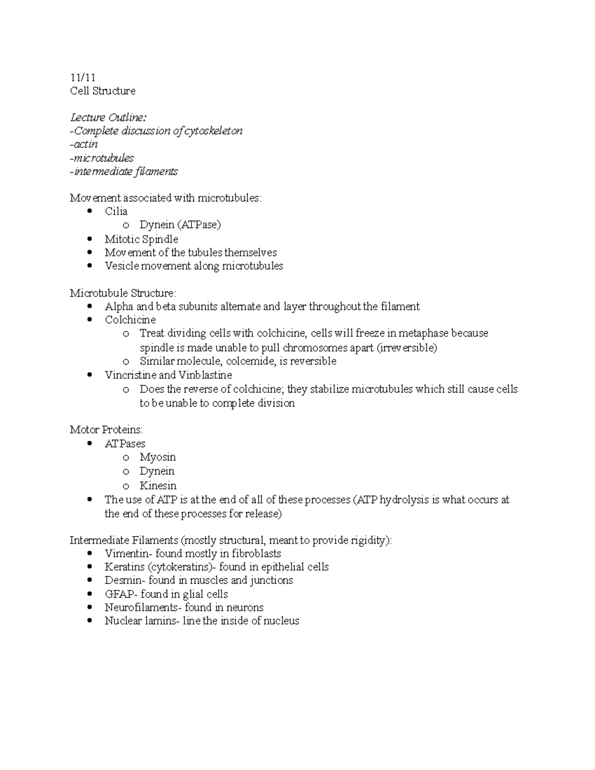 1111 Lecture Notes From Textbook And Lecture Cell Structure Lecture Outline Discussion Of 