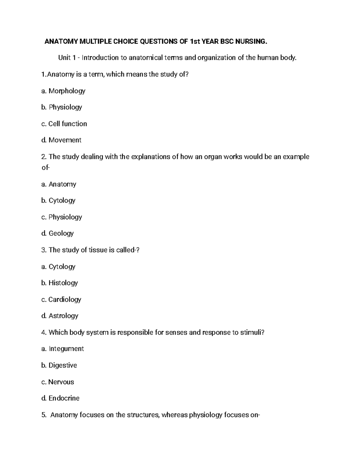 Unit 1 anatomy MCQ - ANATOMY MULTIPLE CHOICE QUESTIONS OF 1st YEAR BSC ...