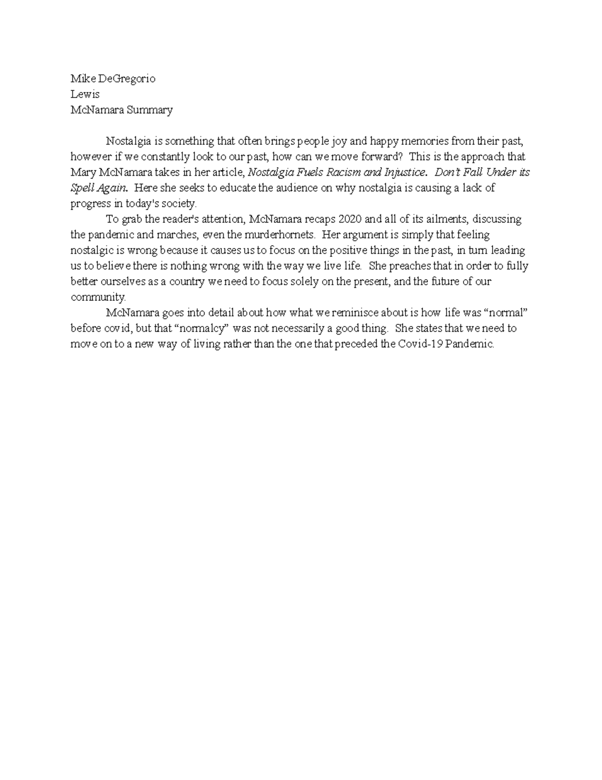 Mc Namara Summary-2 - Mike DeGregorio Lewis McNamara Summary Nostalgia ...