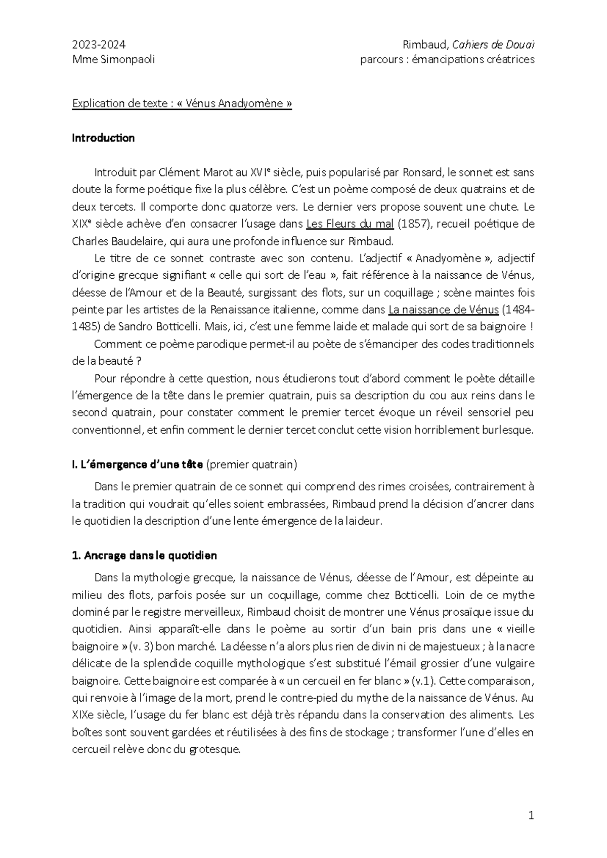 1 explication vénus - Mme Simonpaoli parcours : émancipa;ons créatrices ...