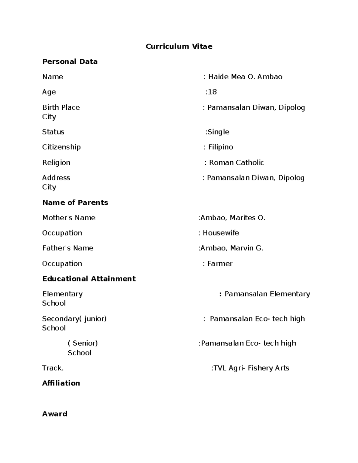 Curriculum Vita-WPS Office - Curriculum Vitae Personal Data Name ...