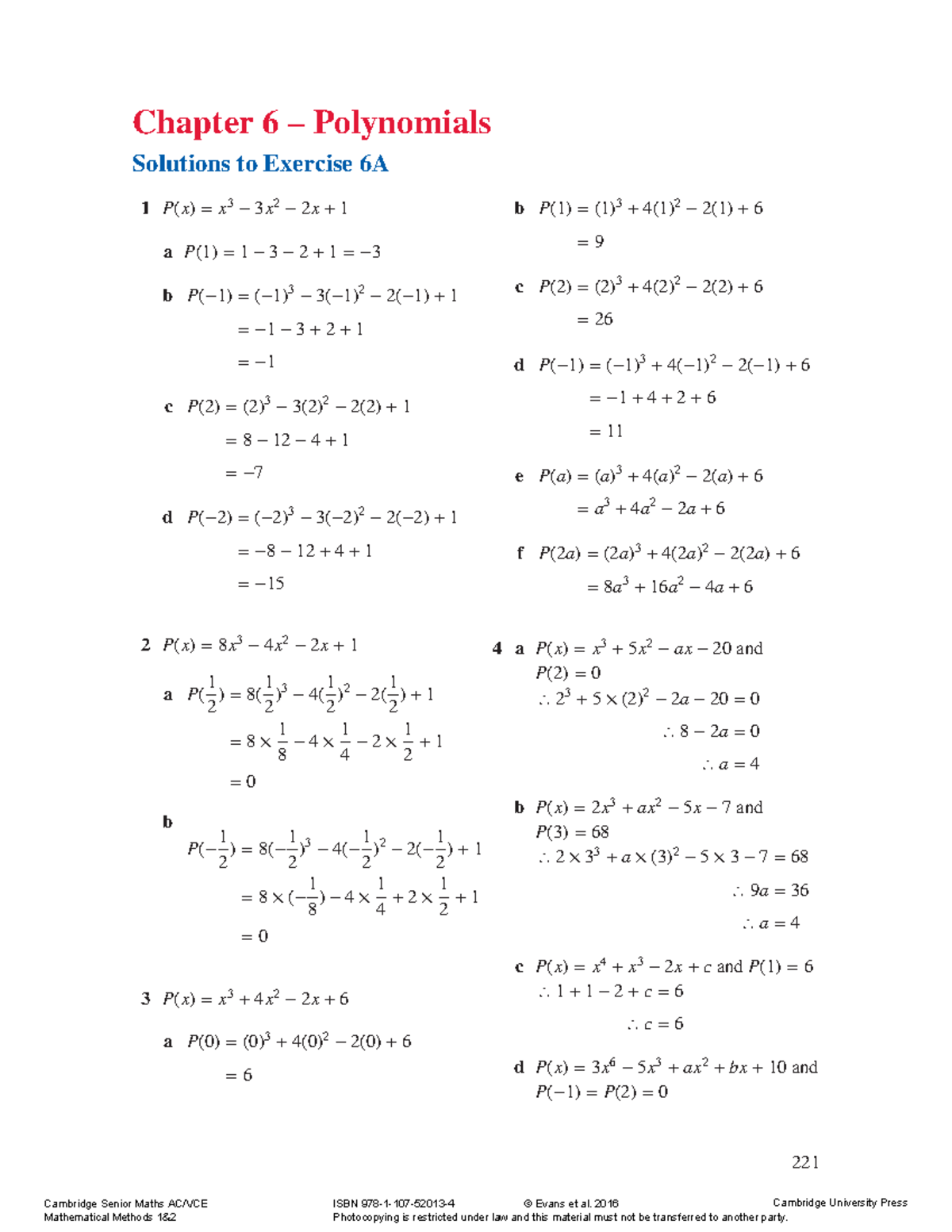Chapter 6 worked solutions - Chapter 6 – Polynomials b 1 P(x)=x 3 − 3 x ...
