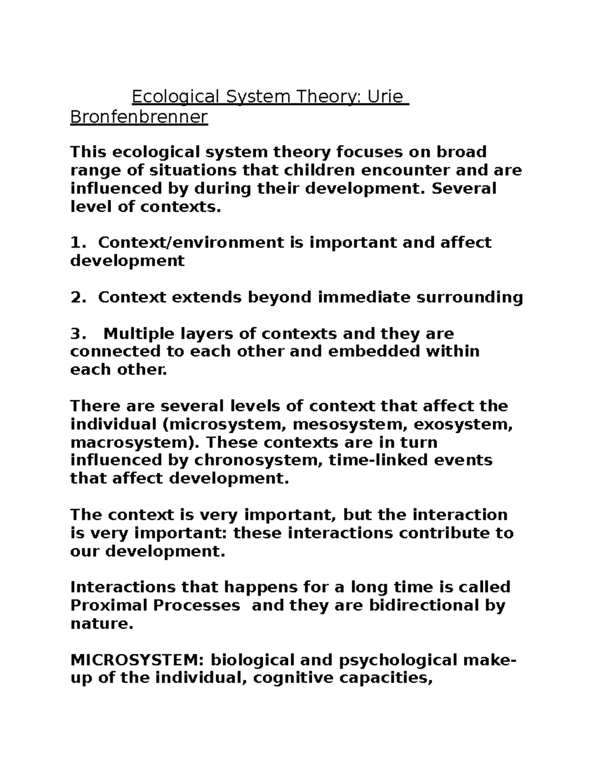 Ecological System Theory-UB - Several level of contexts. 1. Context ...