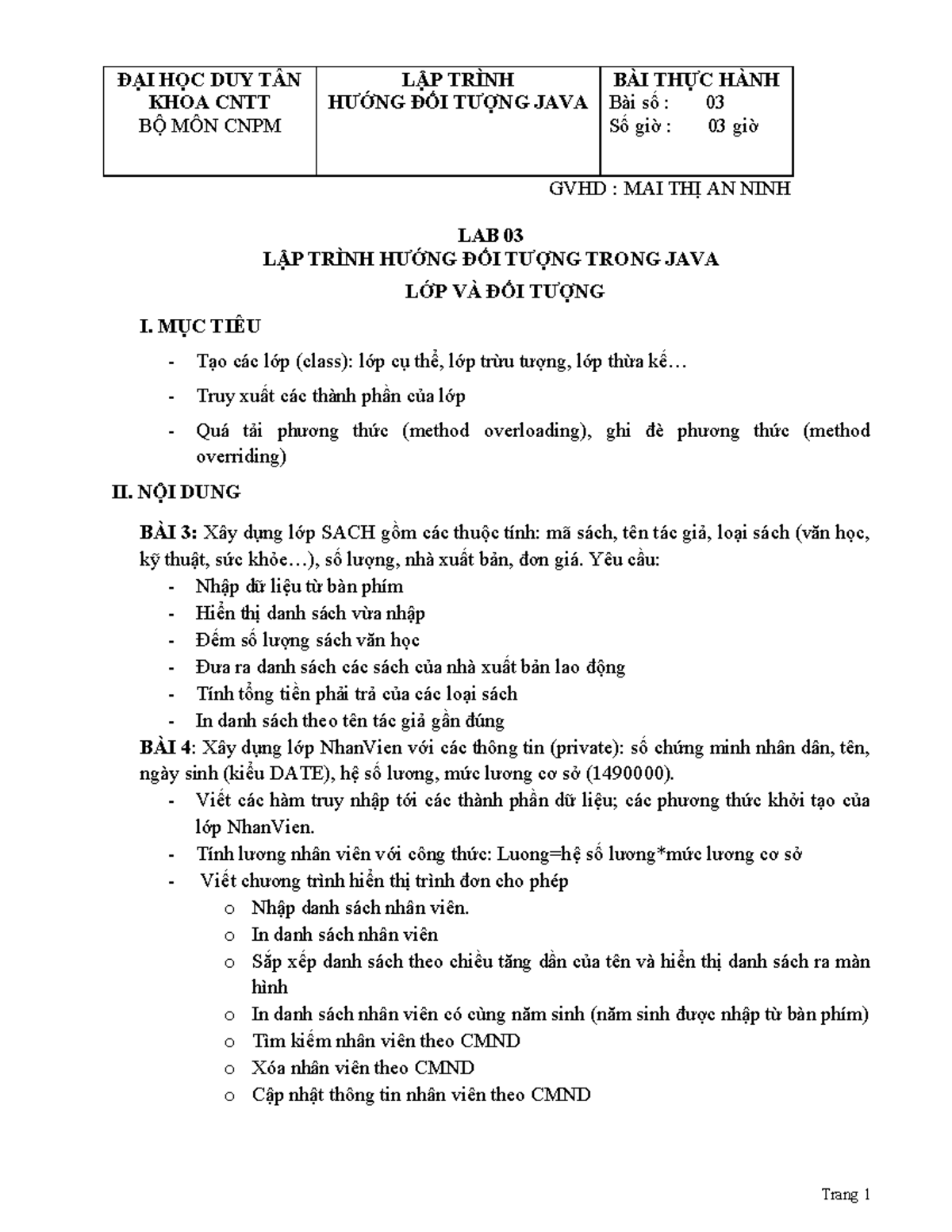 CS 311 - Lap Trinh Huong Doi Tuong - 2020F -Lecture LAB - 3 - Trang 1 ĐẠI HỌC DUY TÂN KHOA CNTT ...