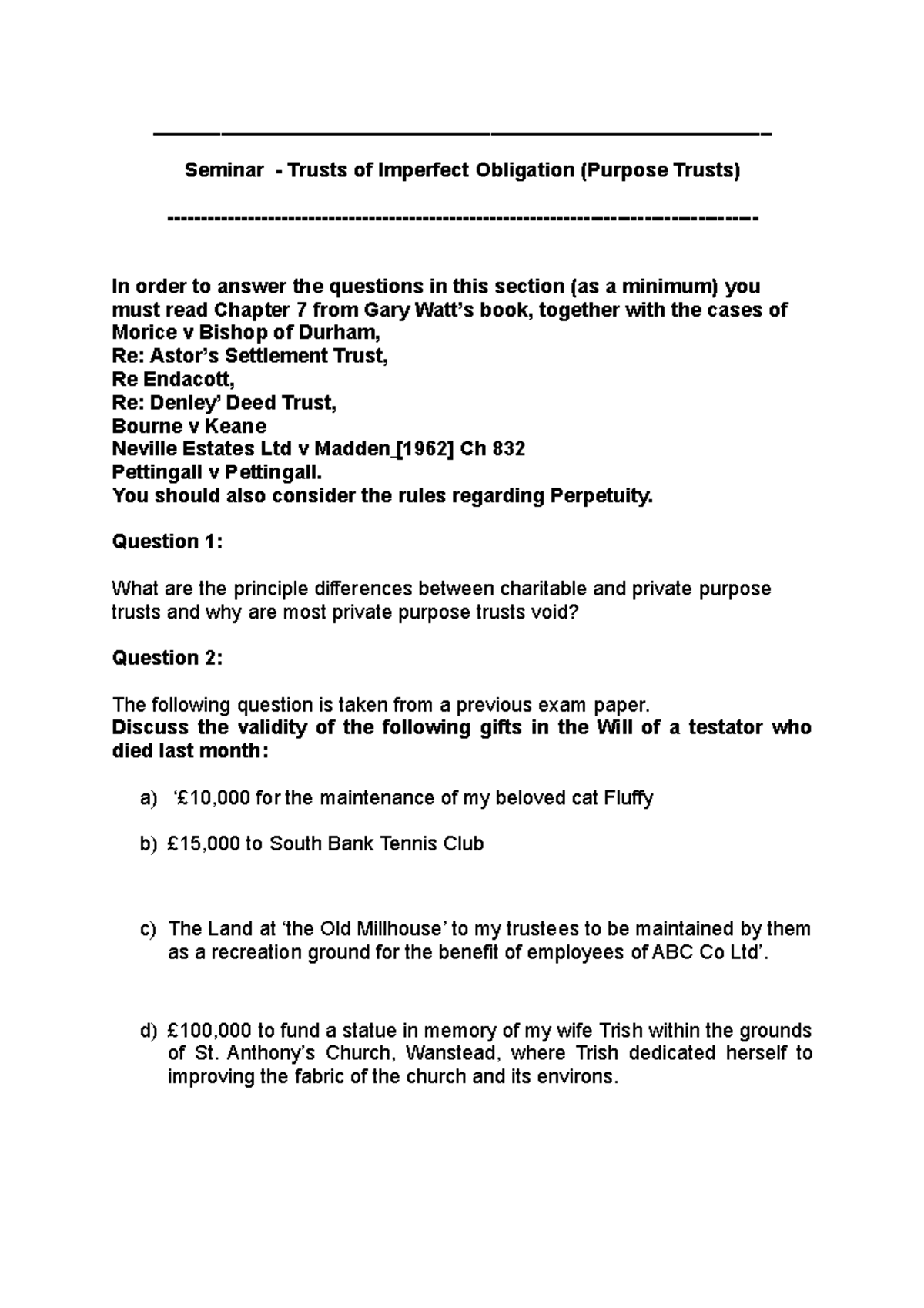 10 Trusts of imperfect obligation (purpose trusts) seminar questions ...