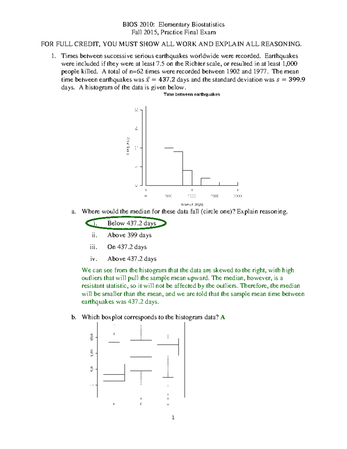 Practice Final Exam With Solutions Bios 2010 Elementary Biostatistics Fall 2015 Practice