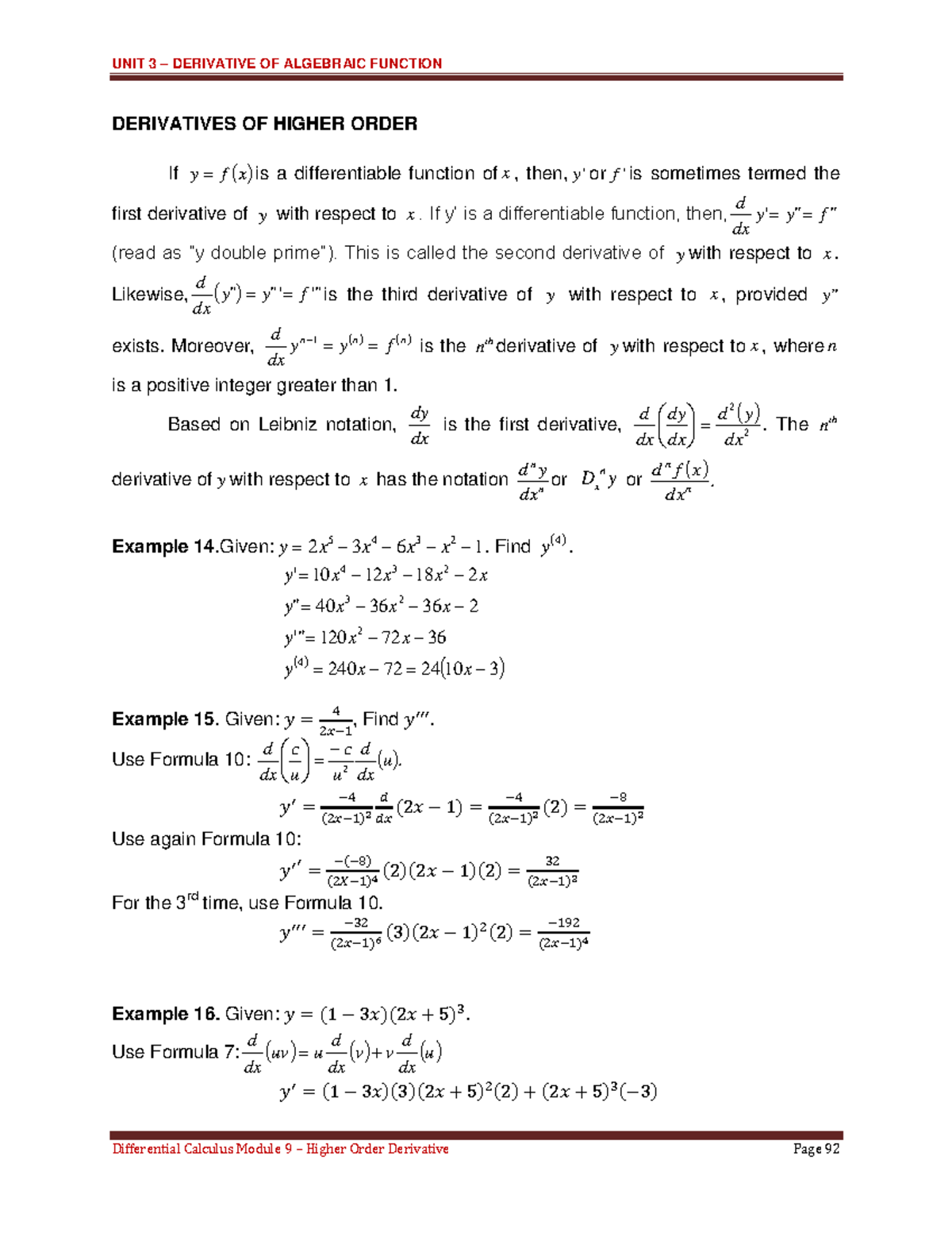 UNIT 3 Module 9 - Derivatives OF Higher Order - DERIVATIVES OF HIGHER ORDER If y f x is a - Studocu