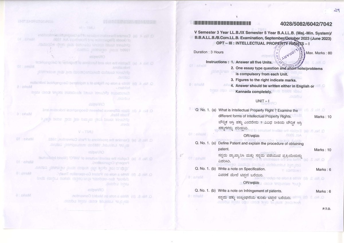 IPR I Oct2023 80marks - Intellectual property rights question paper ...