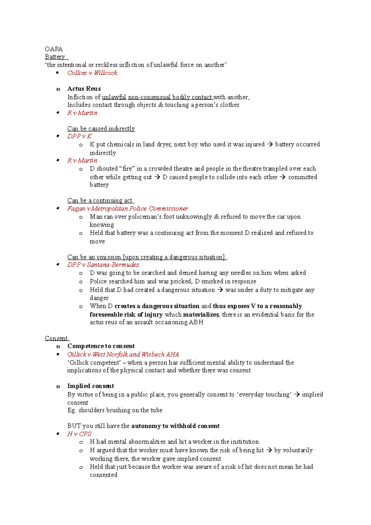 Assault-Battery:OAPA Exam PQ Notes - OAPA Battery ‘the intentional or ...
