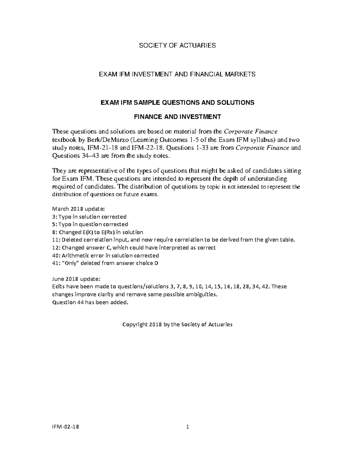 2018 exam ifm sample questions - SOCIETY OF ACTUARIES EXAM IFM ...
