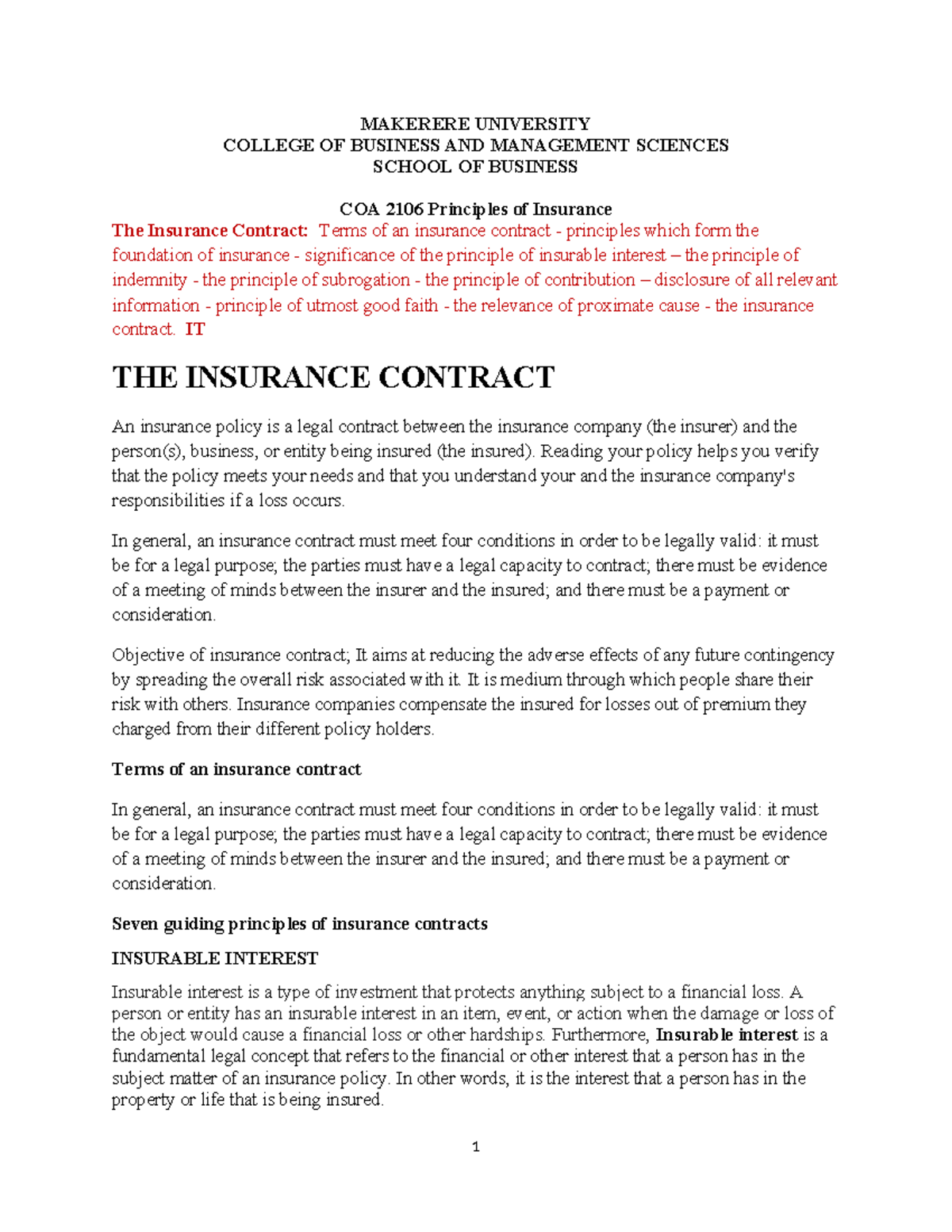 1700599485890 COA 2106-The Insurance Contract - MAKERERE UNIVERSITY ...