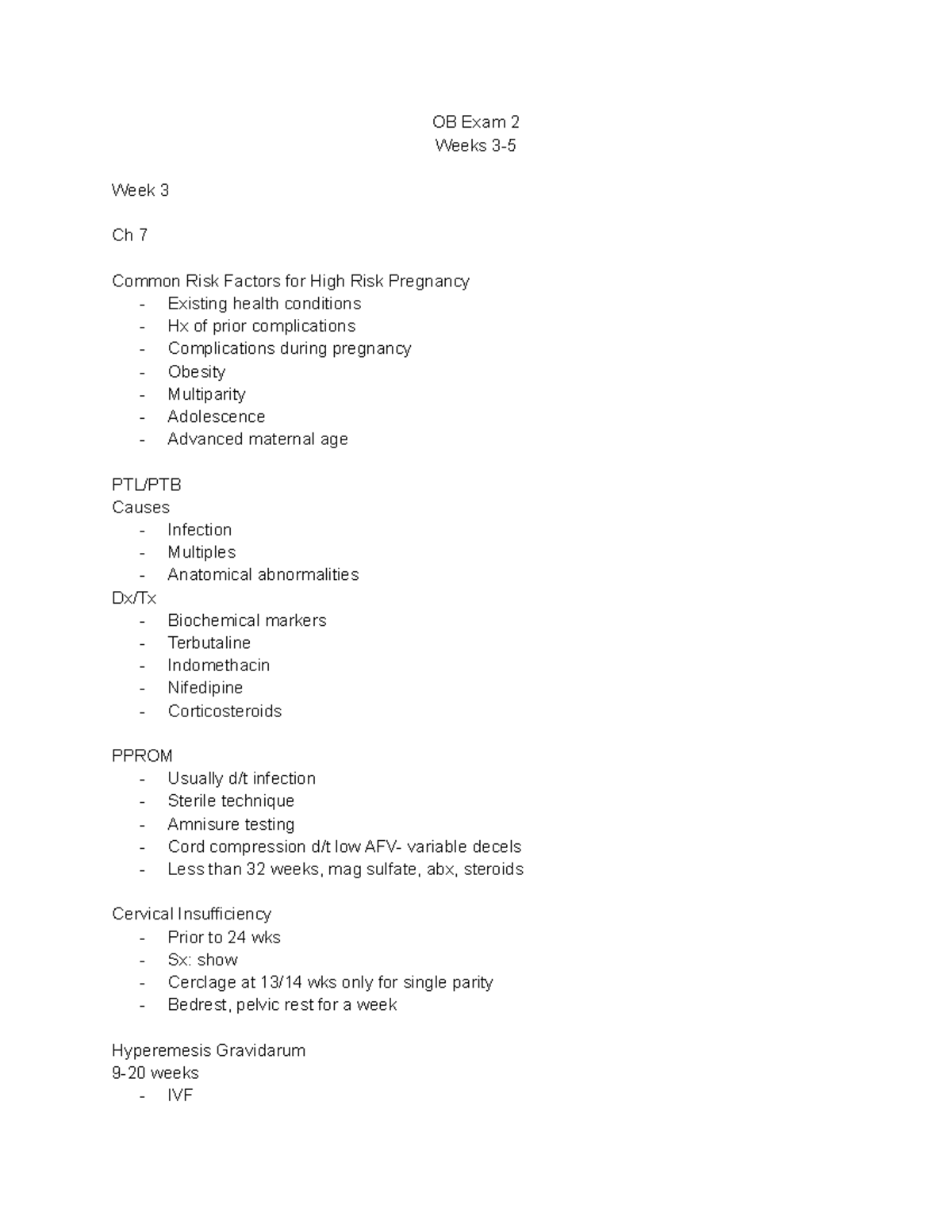 Obstetrics- NUR 150 Exam 2 - OB Exam 2 Weeks 3- Week 3 Ch 7 Common Risk ...