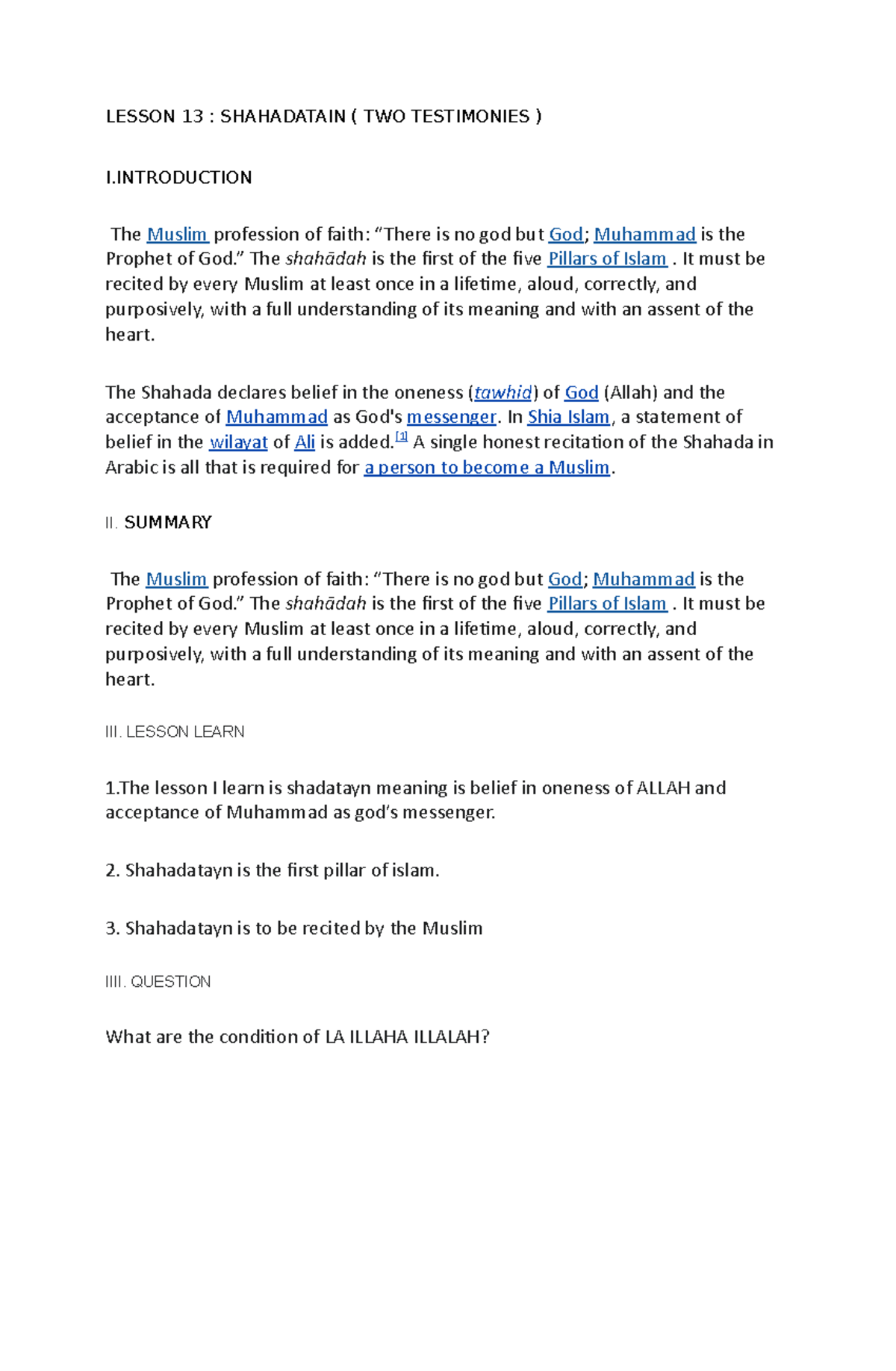 Abas Shahana - Assignments - LESSON 13 : SHAHADATAIN ( TWO TESTIMONIES ...