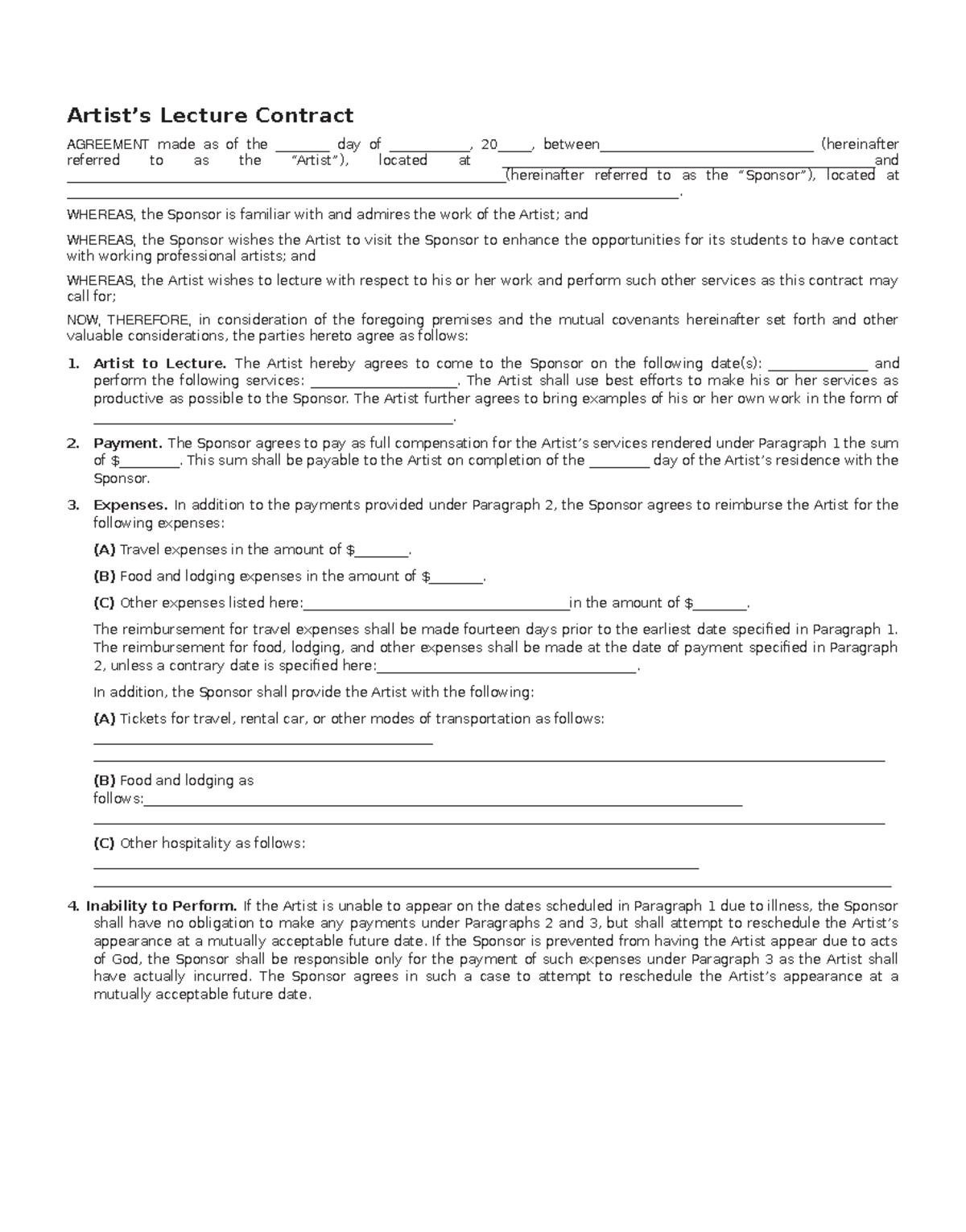Form 11 - Artist's Lecture Contract Template from the Business and ...