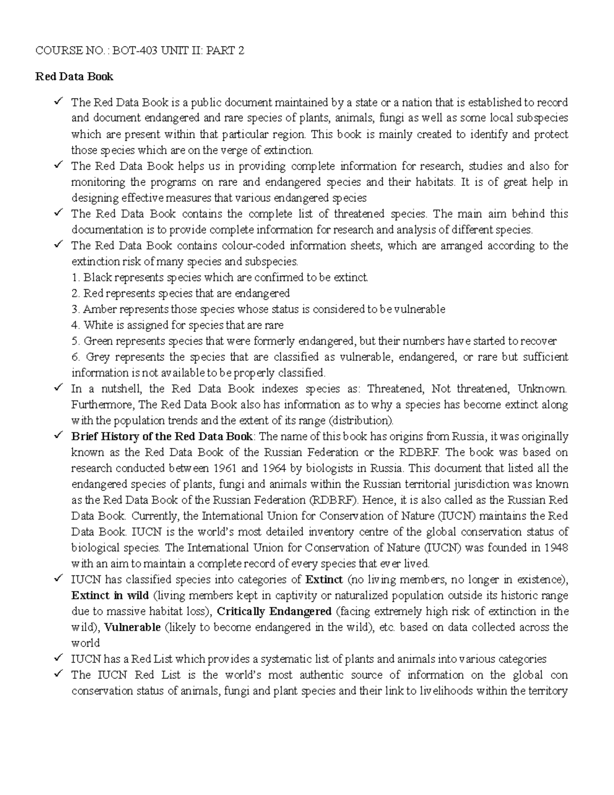 Red Data Book - Envioronment - COURSE NO.: BOT-403 UNIT II: PART 2 Red ...