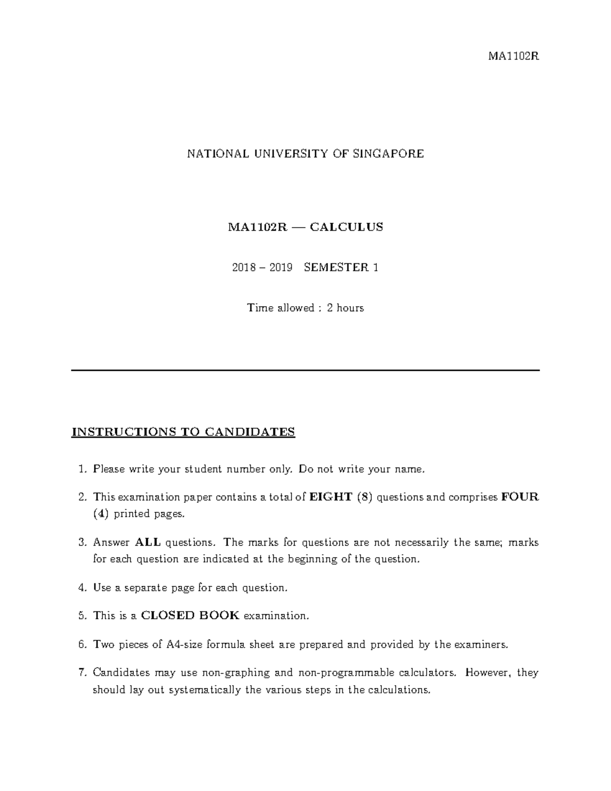 1819SEM1-MA1102R - sem 1 finals - MA1102R NATIONAL UNIVERSITY OF SINGAPORE MA1102R — CALCULUS ...
