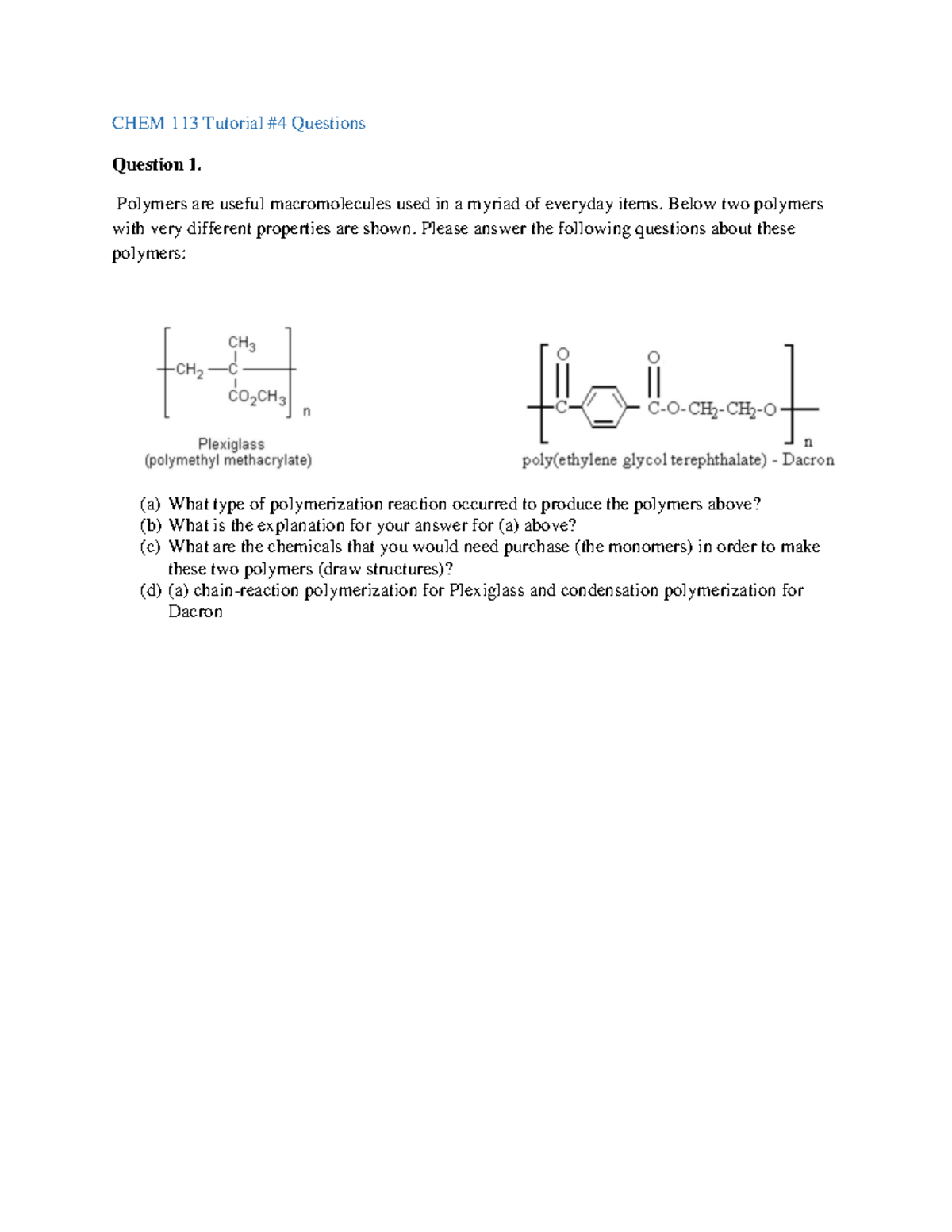 CHEM 113 Tutorial 4- Questions - CHEM 113 Tutorial #4 Questions ...
