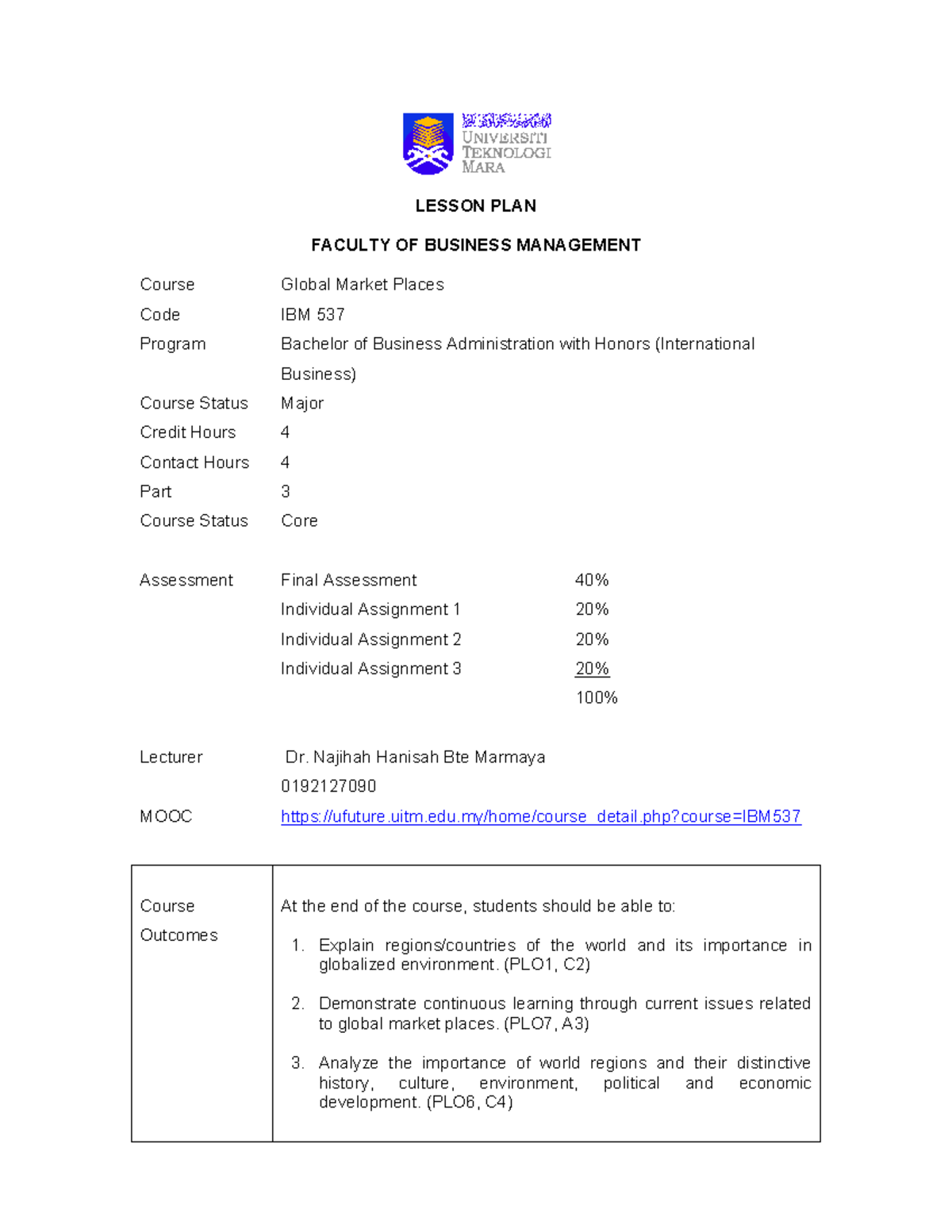 Lesson Plans - good - LESSON PLAN FACULTY OF BUSINESS MANAGEMENT Course ...