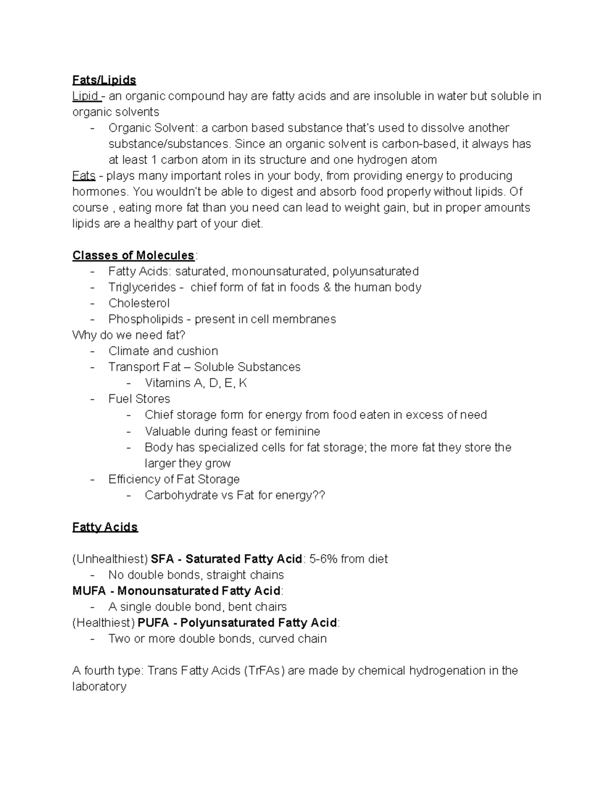 Basic Nutrition lecture notes - Fats/Lipids Lipid - an organic compound ...