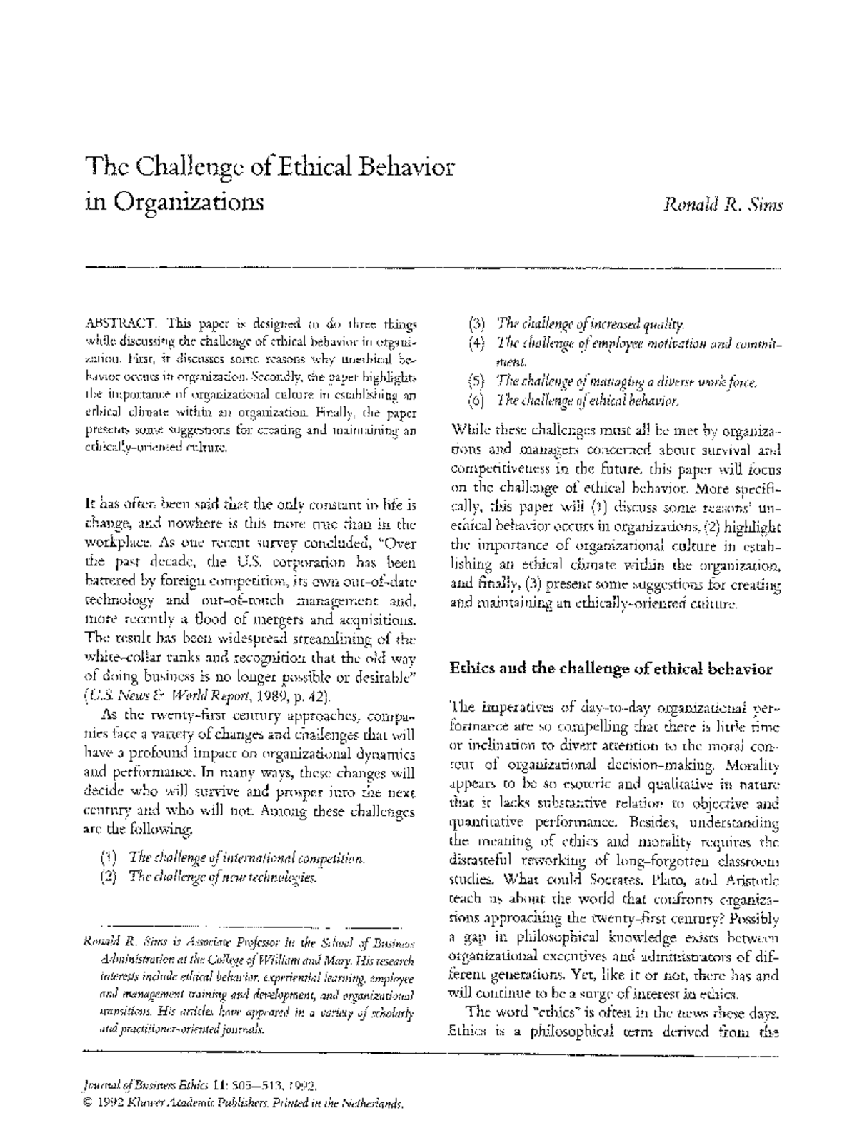 The challenge of ethical behavior in organizations - The Challenge of ...