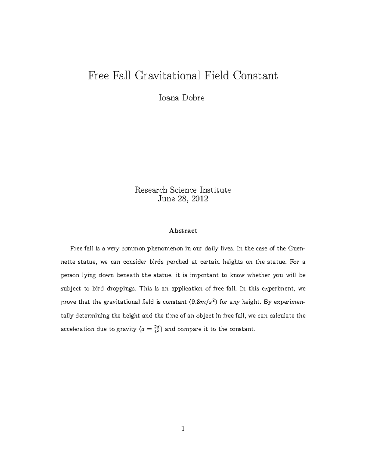 Sample 4 - FREE FALL LAB Report - Free Fall Gravitational Field ...