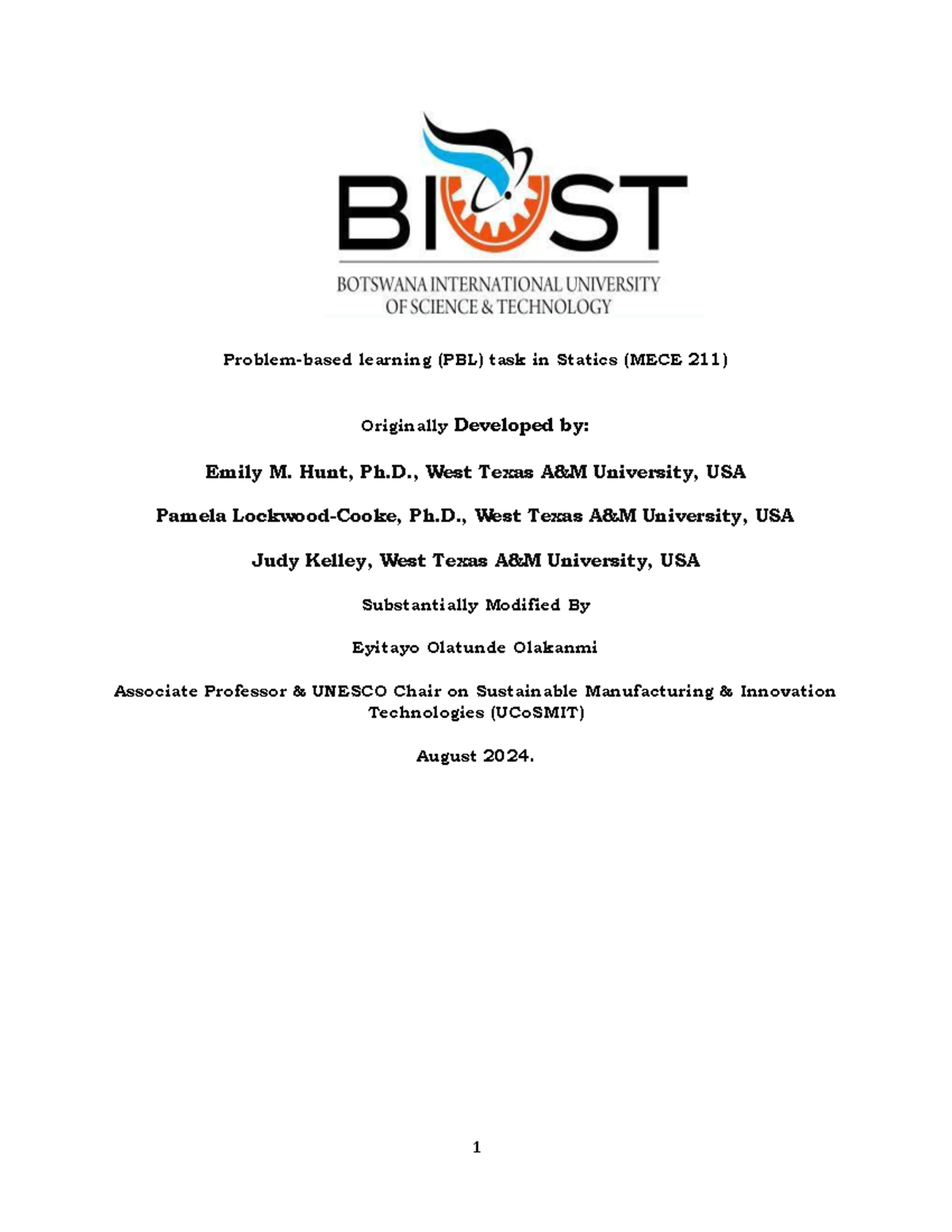 MECE 211 - PBL Assignment ( August 20 24) E O Olakanmi - Problem-based learning (PBL) task in ...