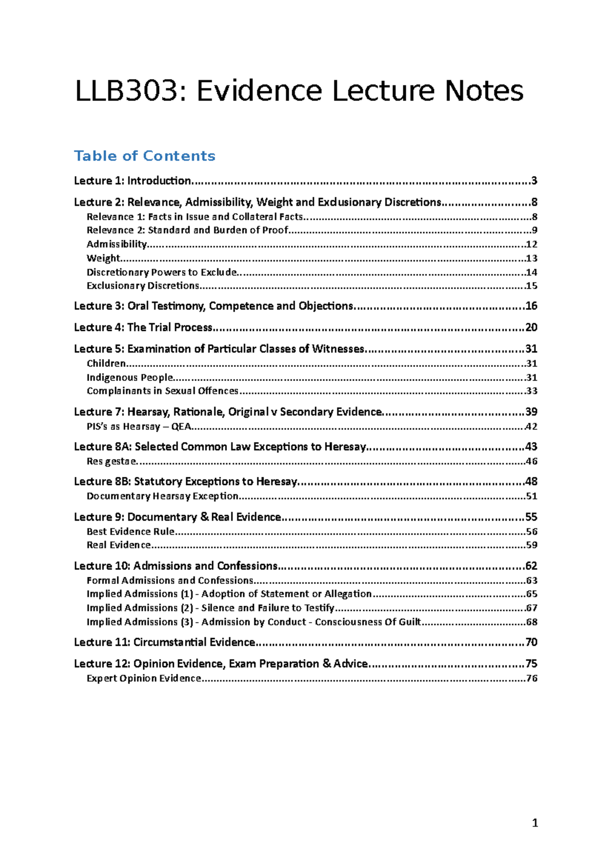 LLB303-Lecture-Notes - LLB303: Evidence Lecture Notes Lecture 1: - Studocu