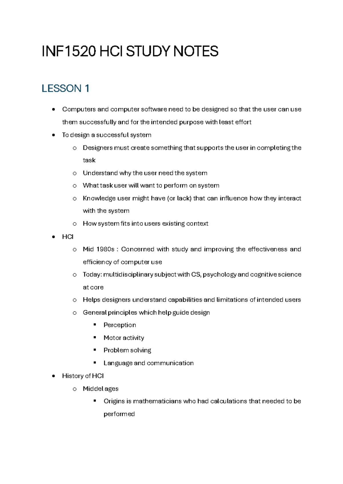 INF1520 HCI Study Notes - INF1520 HCI STUDY NOTES LESSON 1 Computers ...