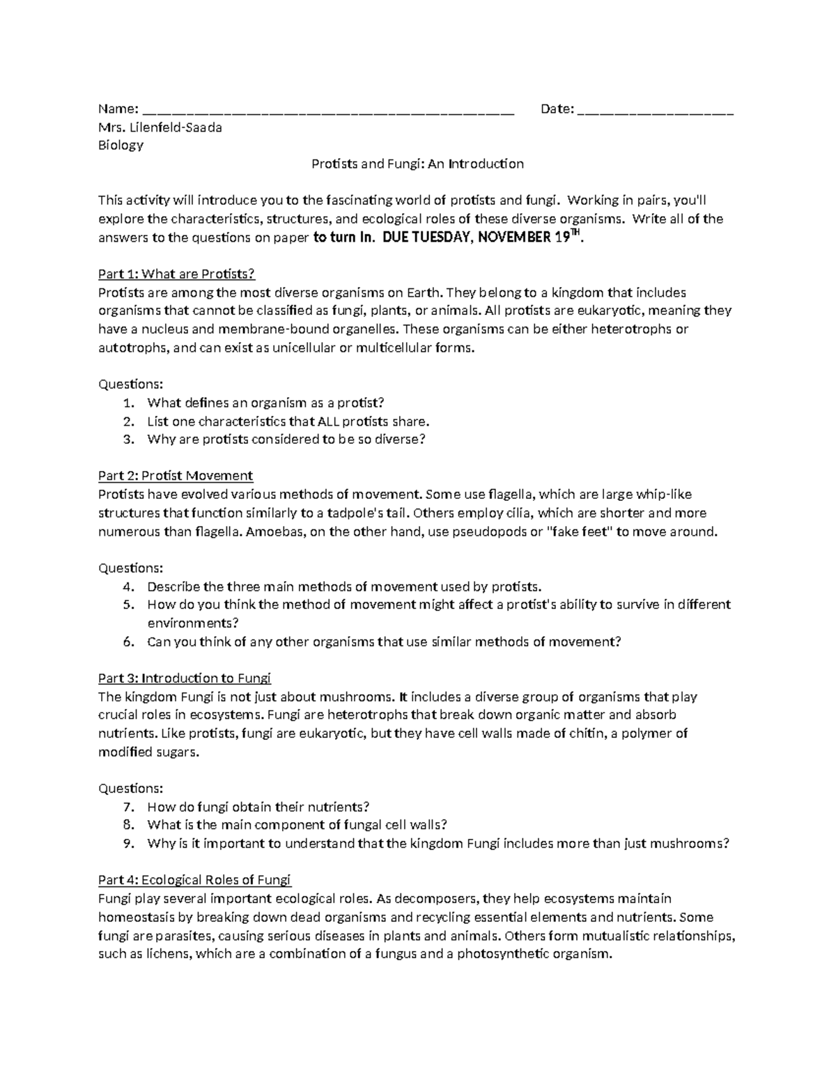Protists and Fungi- An Introduction - Name