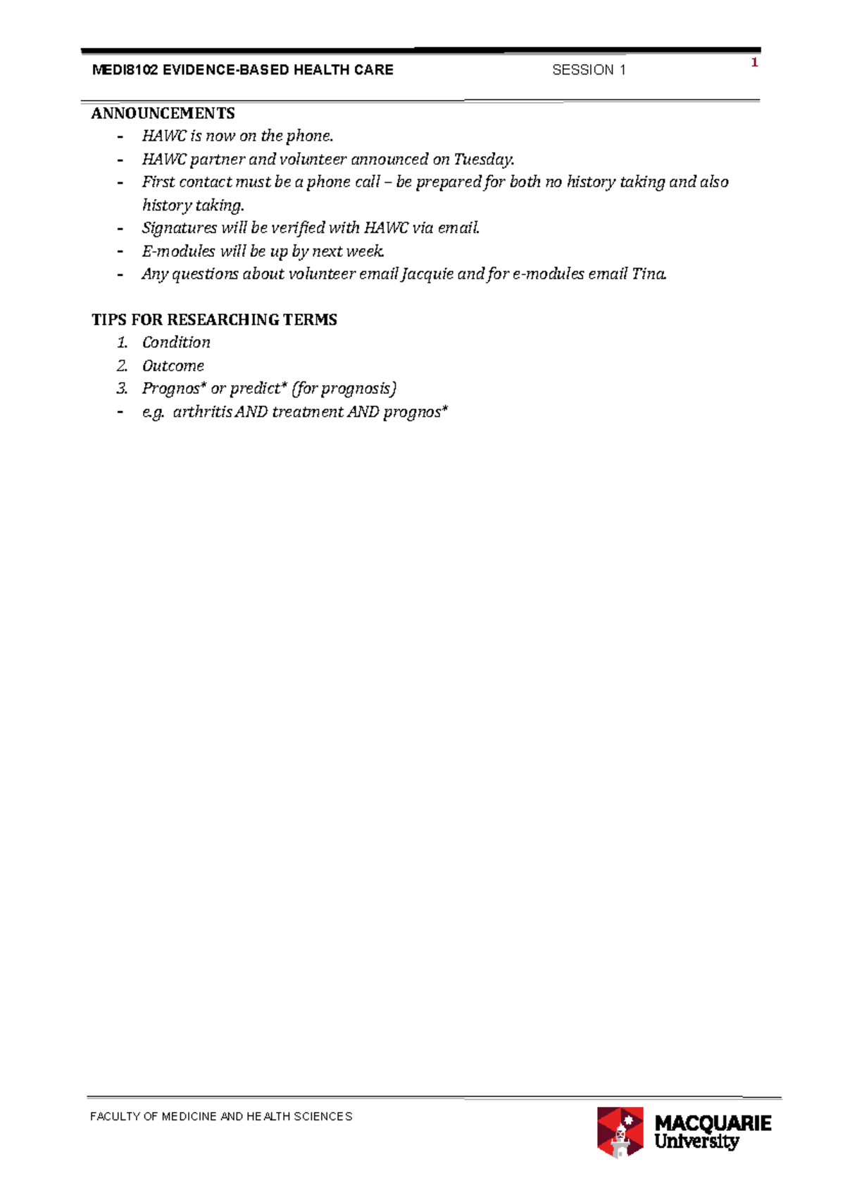 MEDI8102 W3 T1 - Detailed tutorial notes - ANNOUNCEMENTS HAWC is now on ...