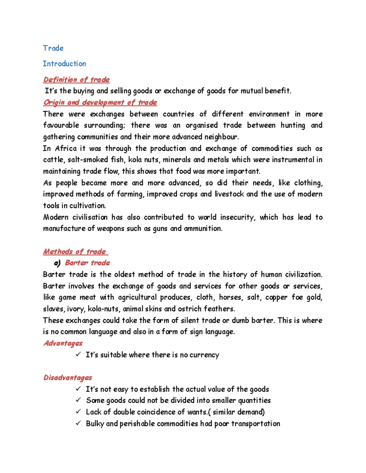 History f2 notes - Trade Introduction Definition of trade It’s the ...