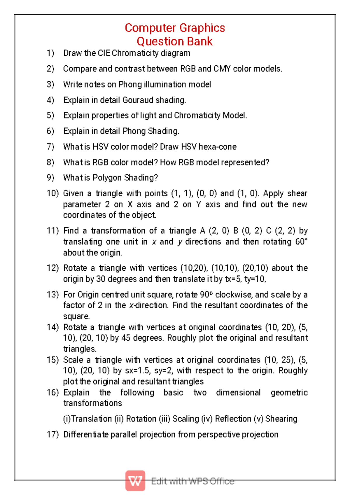 CG question Bank - Computer Graphics Question Bank Draw the CIE Chromaticity diagram Compare and ...