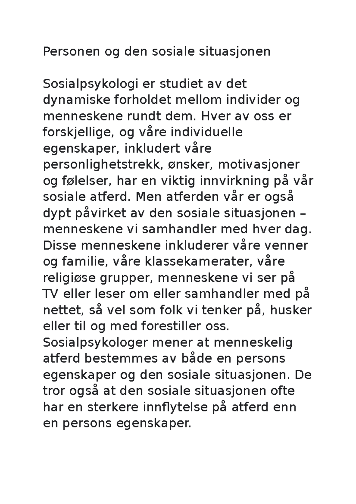 Personen og den sosiale situasjonen - Personen og den sosiale ...