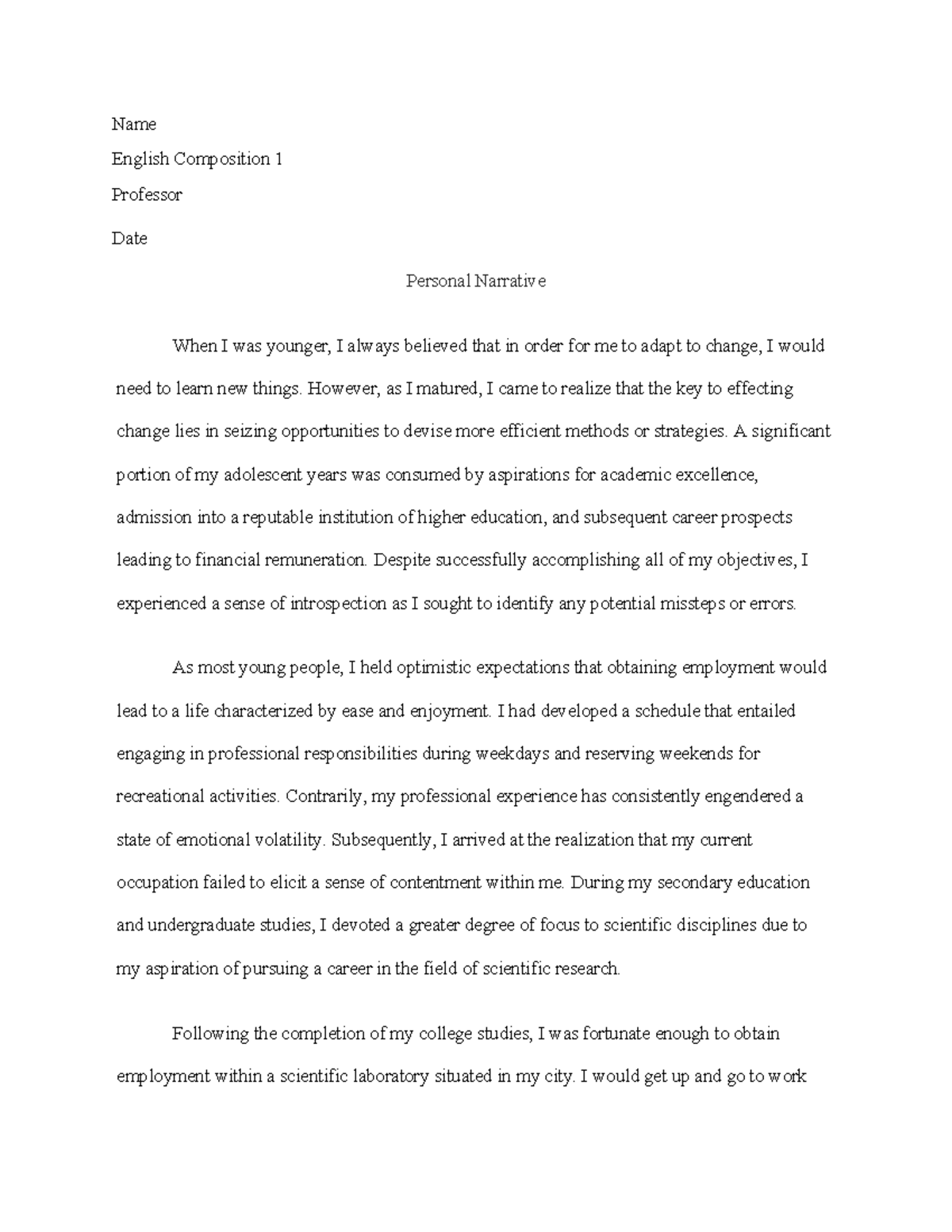 Writing Assignment- Personal Narrative - Name English Composition 1 ...
