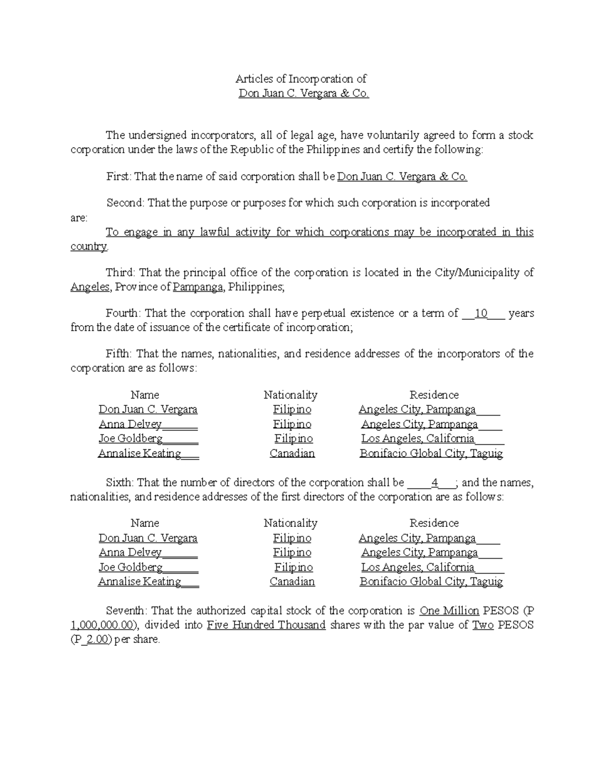 XLBR Articles of Incorporation - Articles of Incorporation of Don Juan ...