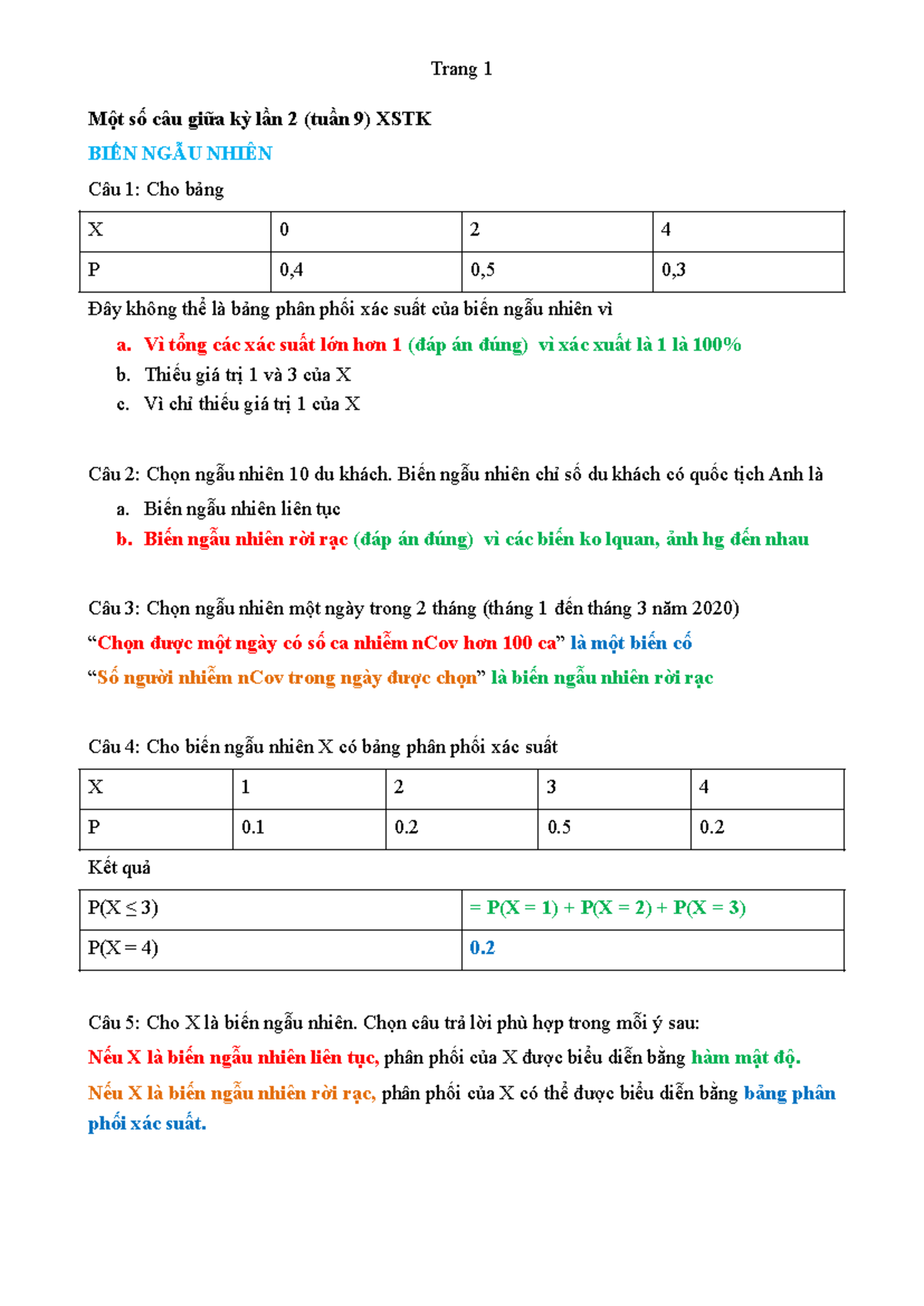 Bài kiểm tra 2 có cả đáp án và code R 1 - Một số câu giữa kỳ lần 2 (tuần 9) XSTK BIẾN NGẪU - Studocu
