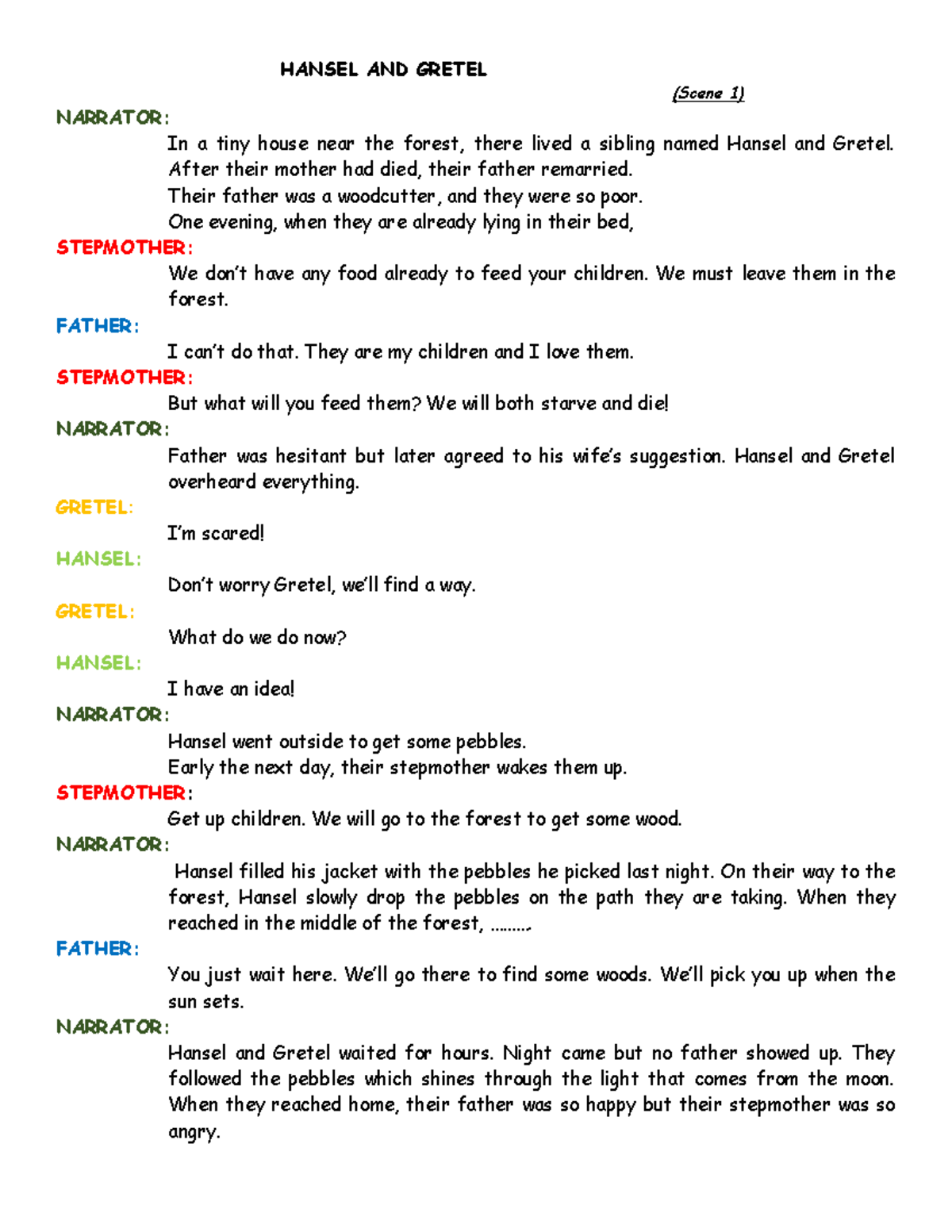 Hansel AND Gretel Scene 1 & 2 - Role Playing scenes - HANSEL AND GRETEL ...