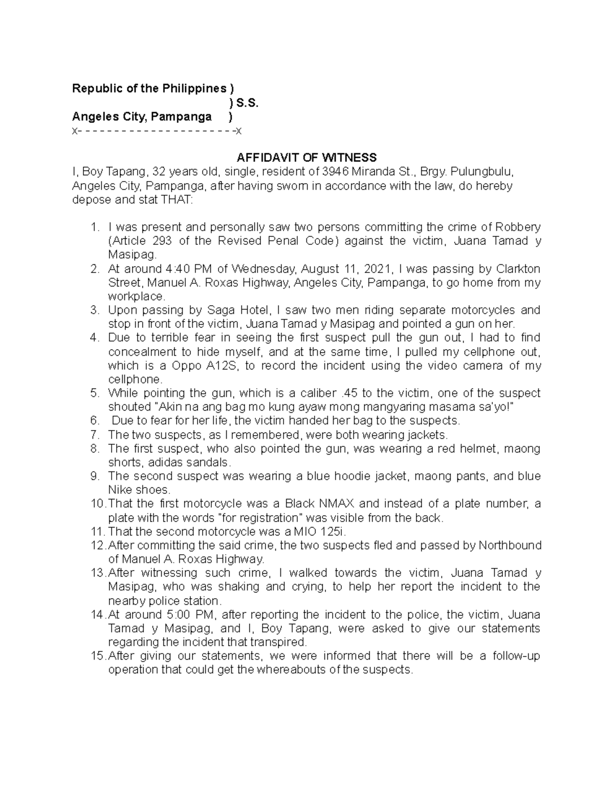 Affidavit OF Witness Raymundo - Republic of the Philippines ) ) S ...