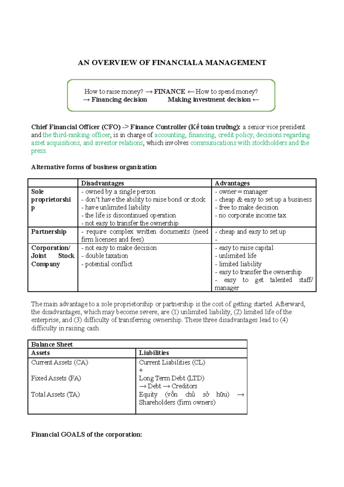 Notes - AN OVERVIEW OF FINANCIALA MANAGEMENT Chief Financial Officer ...
