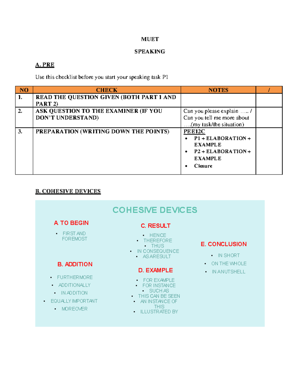 MUET Speaking P1 Template Speaking TEst - MUET SPEAKING A. PRE Use this ...