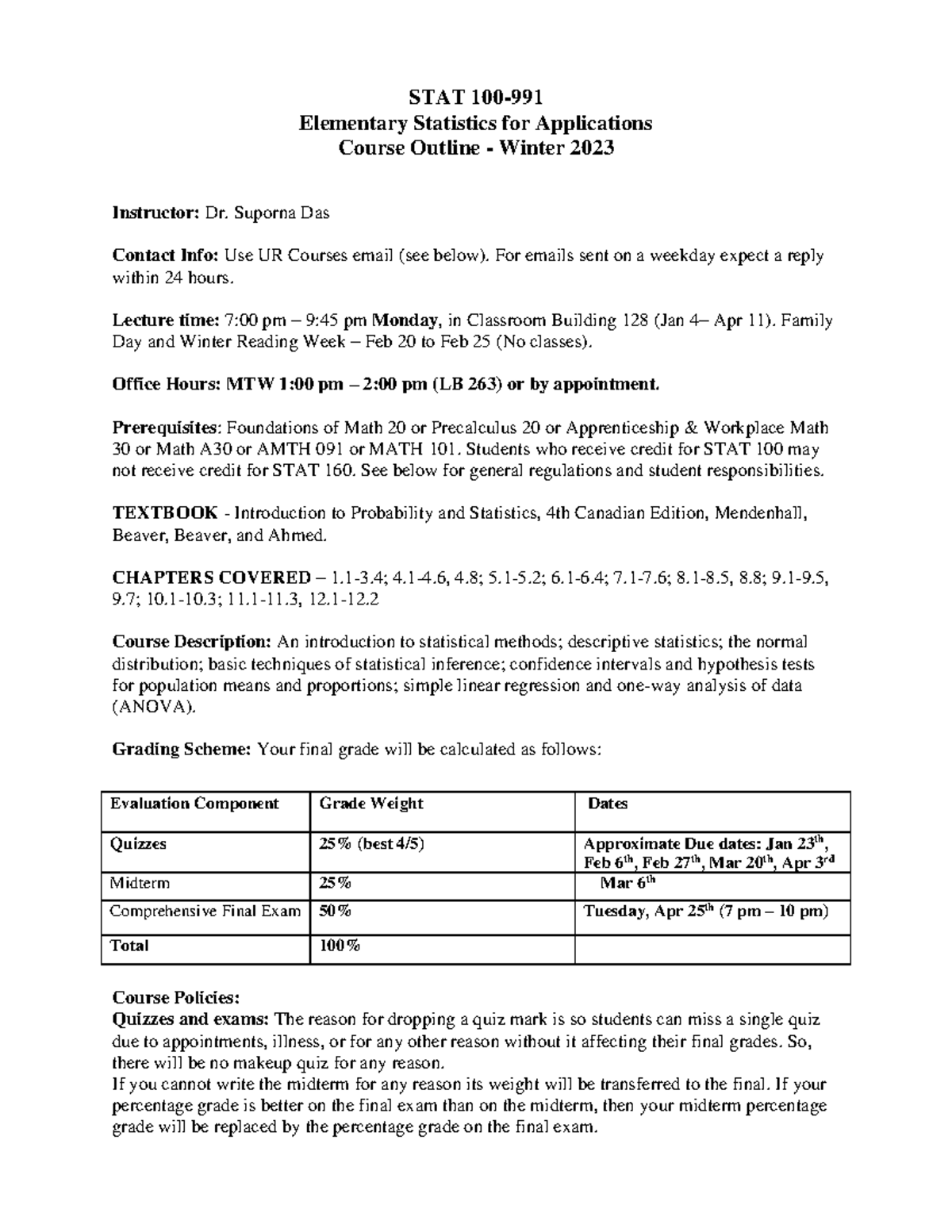 Stat 100-991 course outline - Winter 2023 - SCH3UI - Studocu