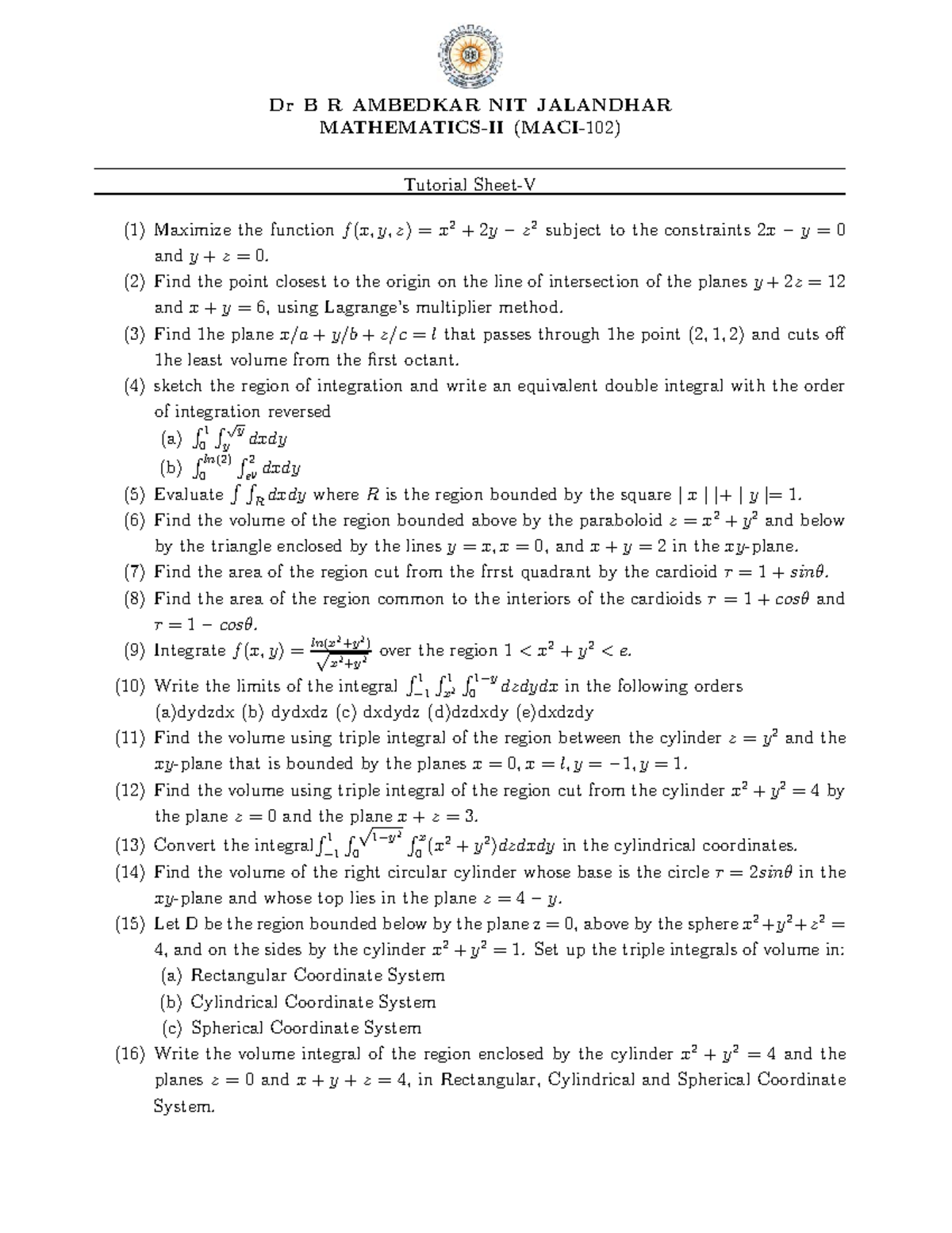 Integral assignment - BOOKS - Dr B R AMBEDKAR NIT JALANDHAR MATHEMATICS ...